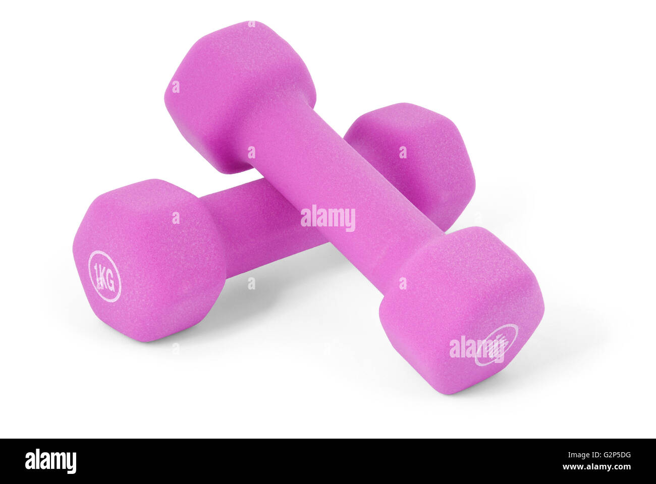 pink dumbbells in hand. Isolated on white background with soft shadow ...