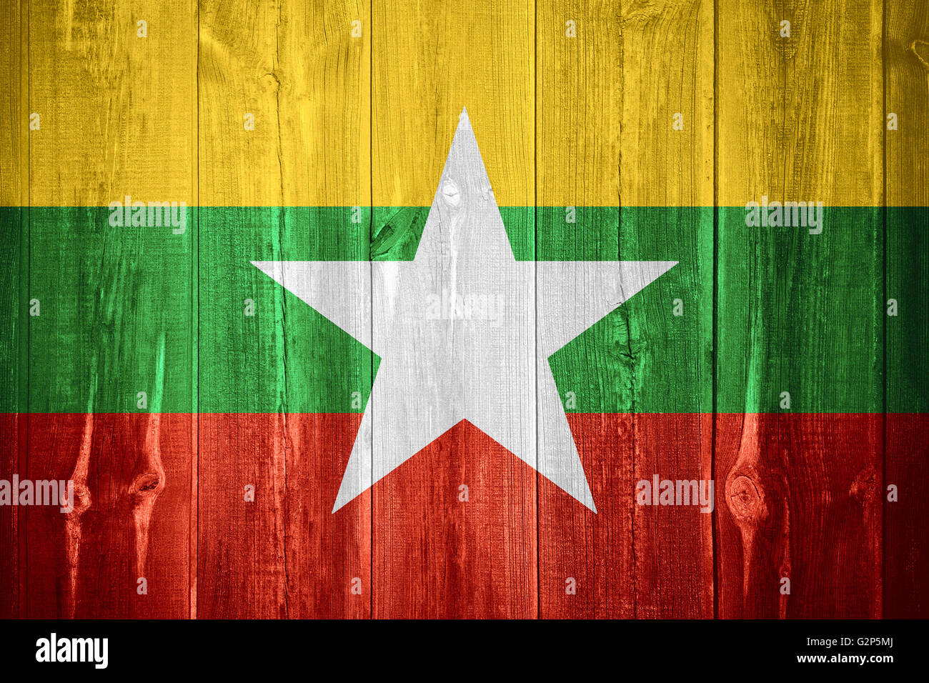 flag of Burma or Burmese banner on wooden background, Myanmar Stock ...