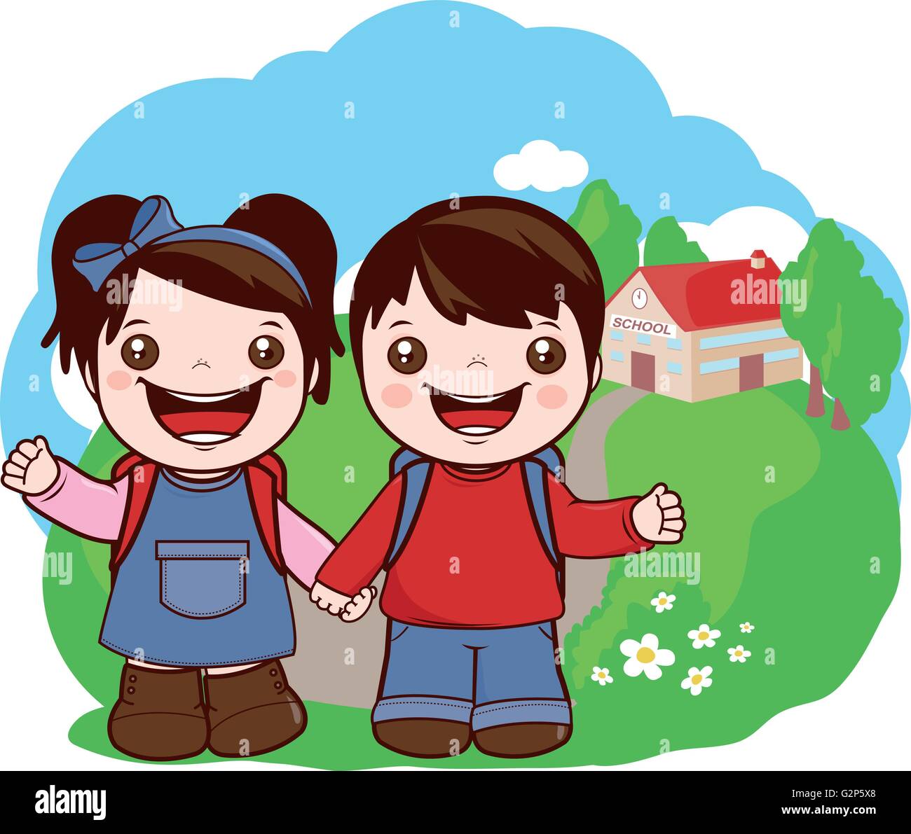 Children at school. Happy girl and boy students in the school yard ...