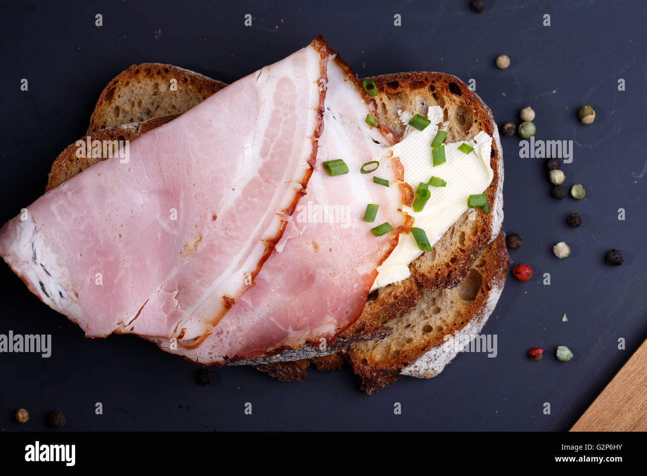 Slices of Bread with Ham, Butter and Chives Stock Photo - Alamy