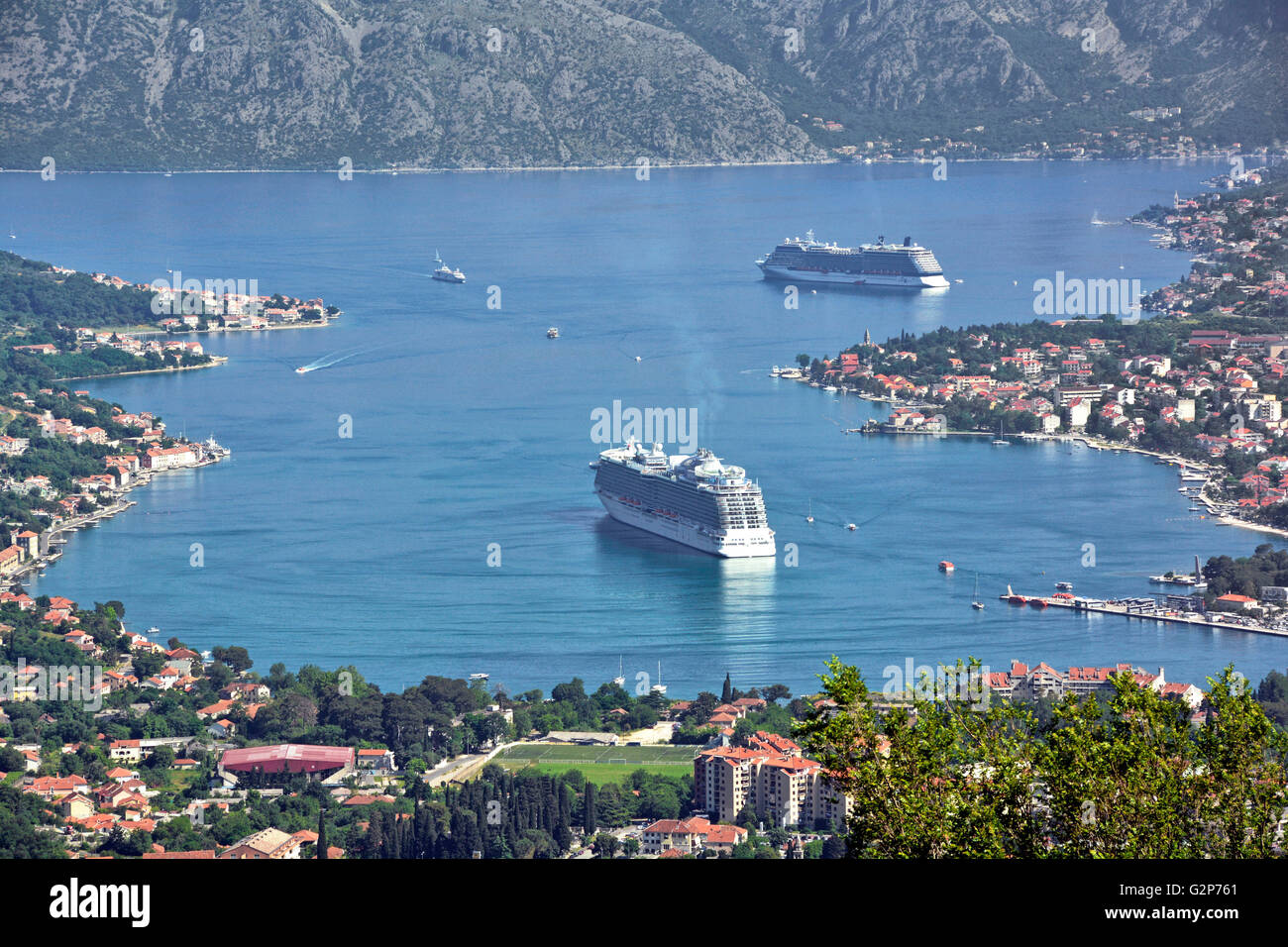 Looking down from above on town & Bay of Kotor Montenegro cruise ships ...