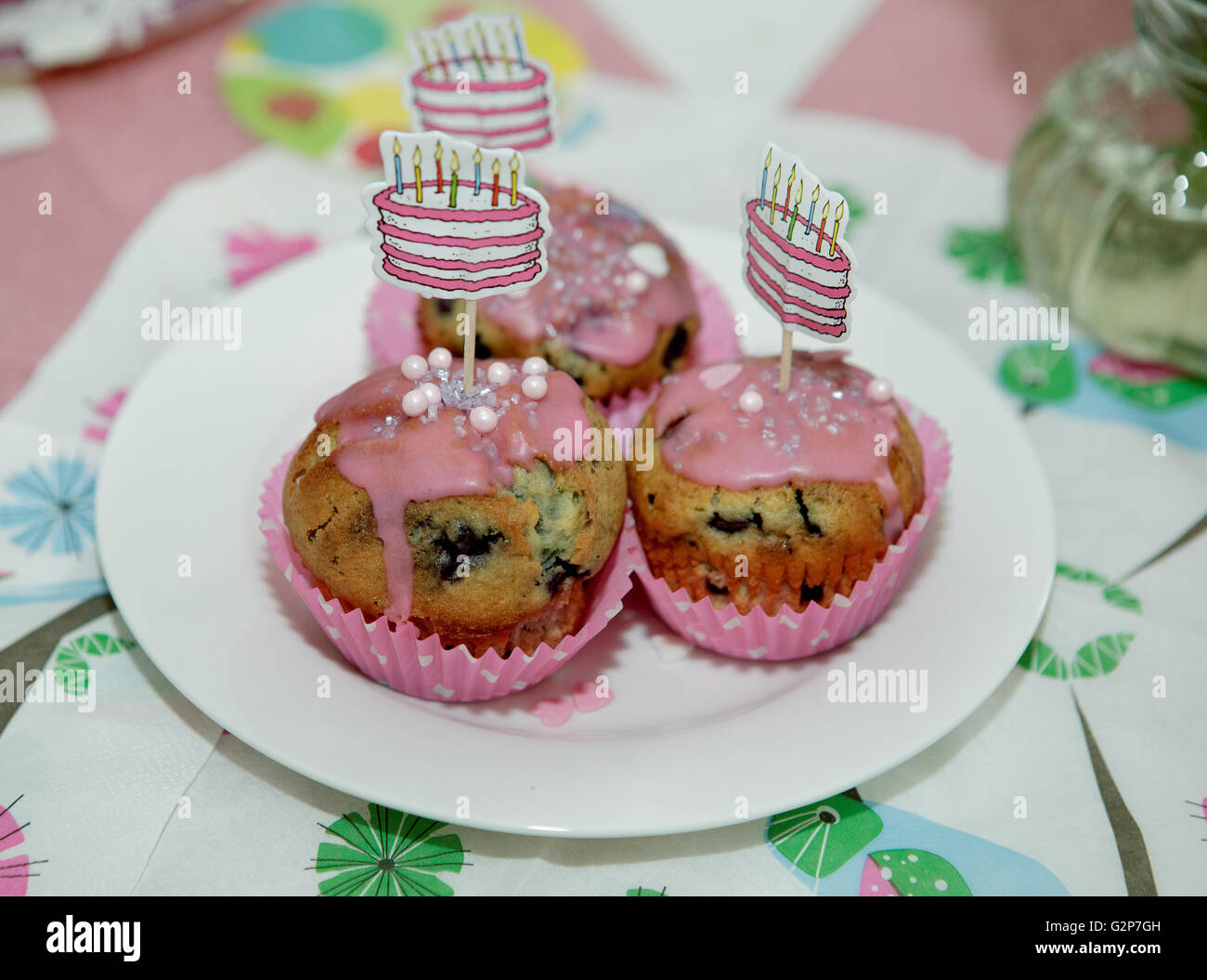 Colorful home made Blueberry Muffins at childs birthday party Stock ...