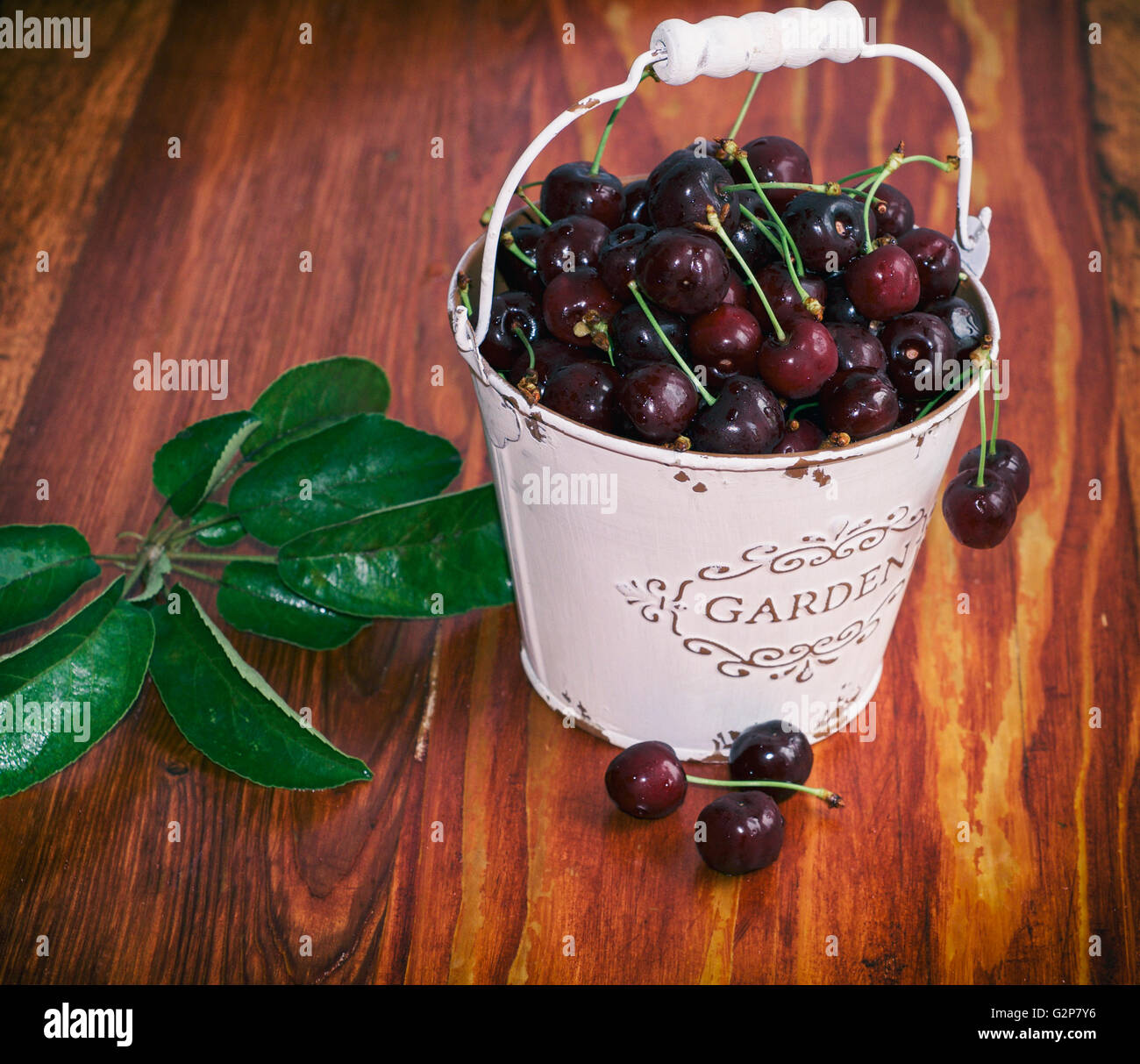 small bucket full of ripe cherries on retro table, toning Stock Photo ...