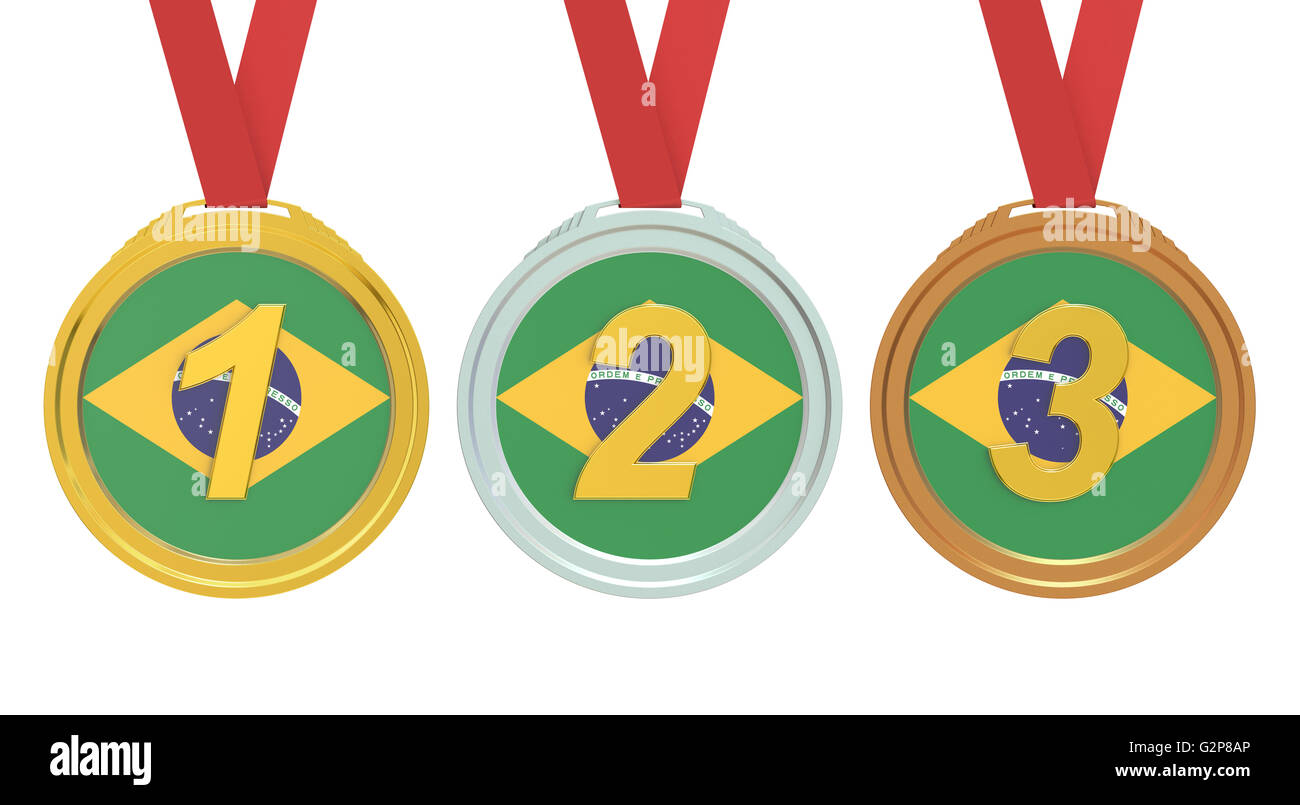 Gold, Silver and Bronze medals with Brazil flag, 3D rendering isolated ...