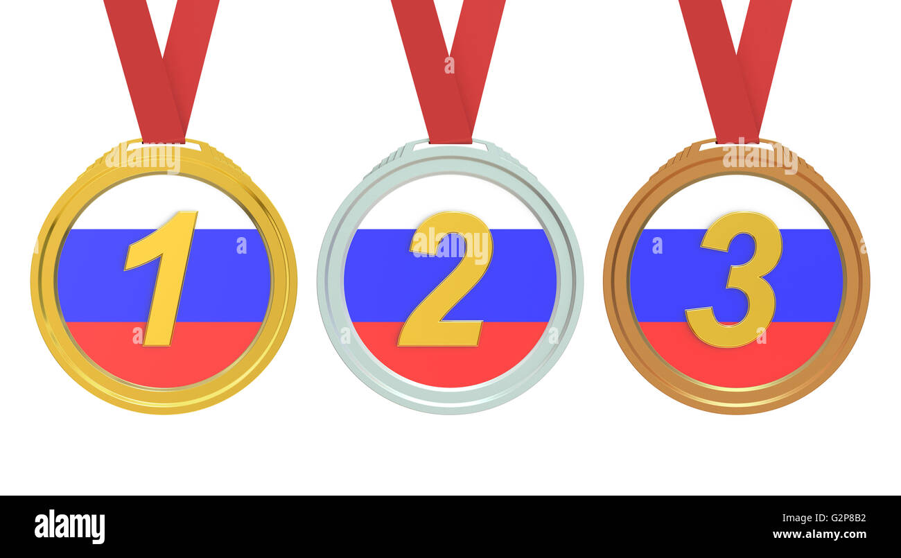 Gold, Silver and Bronze medals with Russian flag, 3D rendering isolated ...