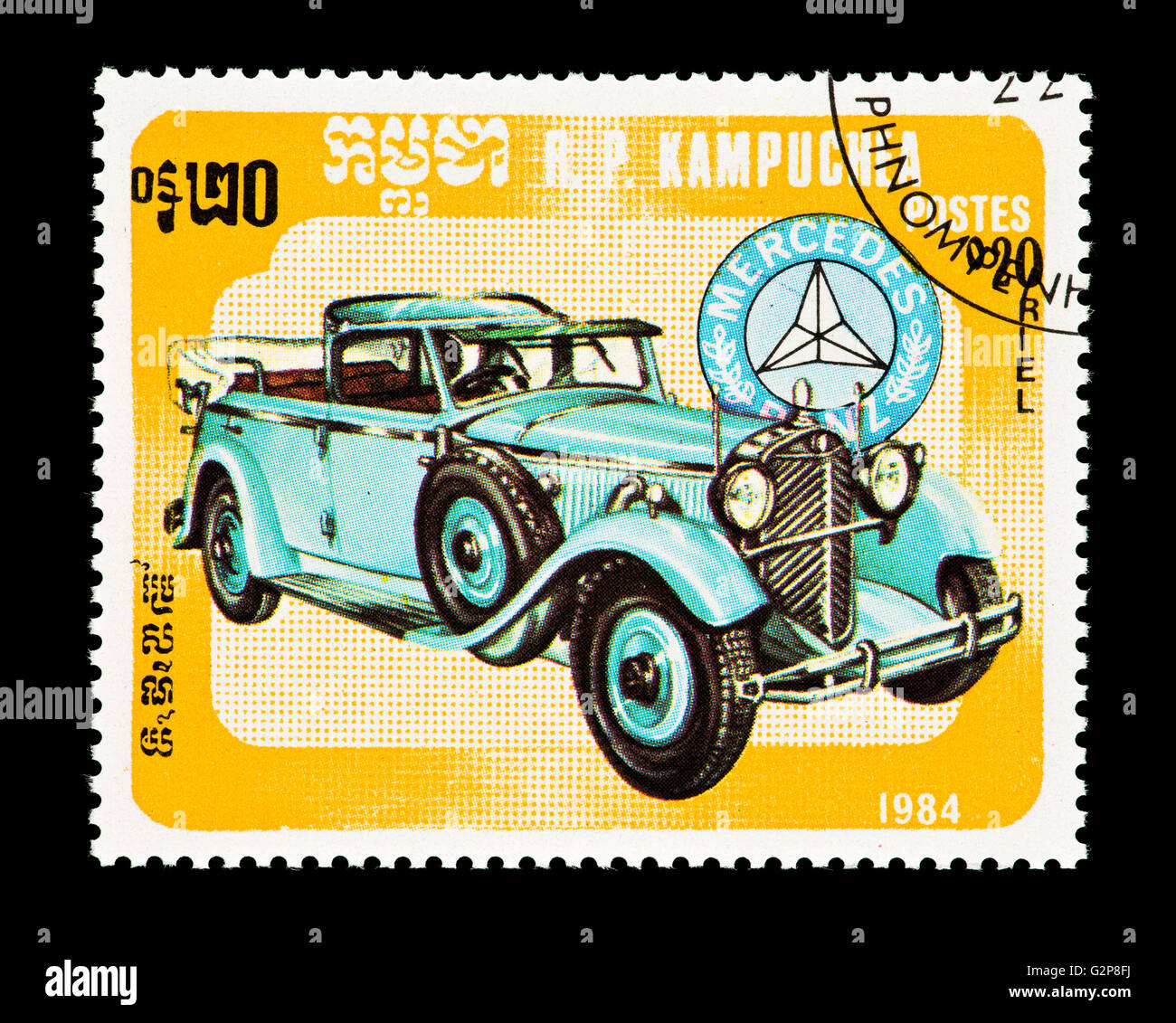 Postage stamp from Cambodia depicting an old Mercedes-Benz automobile ...