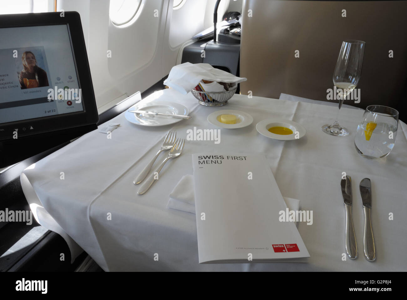 Lunch in Swiss International Airlines (LX) First Class Stock Photo - Alamy