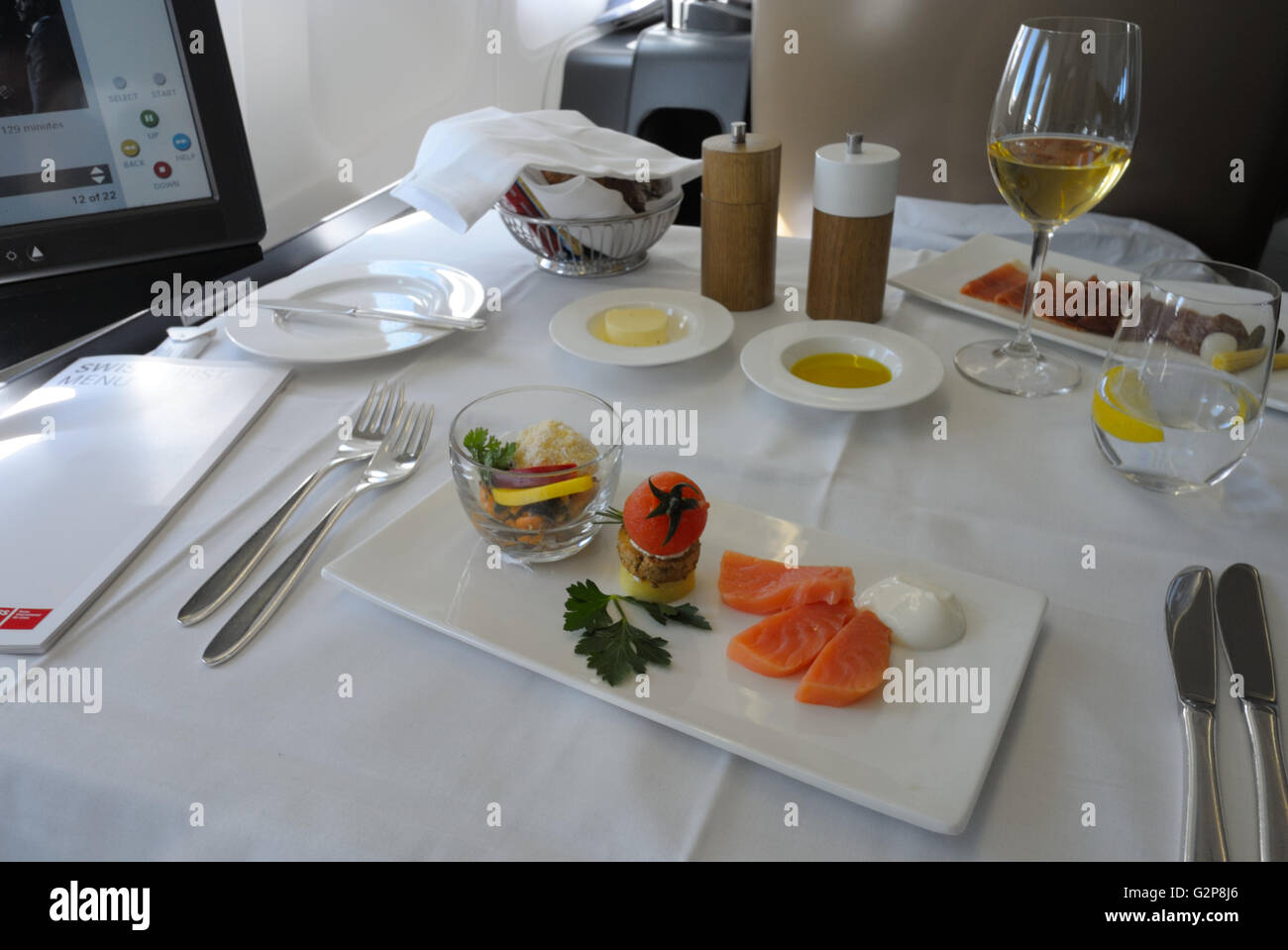 Lunch in Swiss International Airlines First Class Stock Photo - Alamy