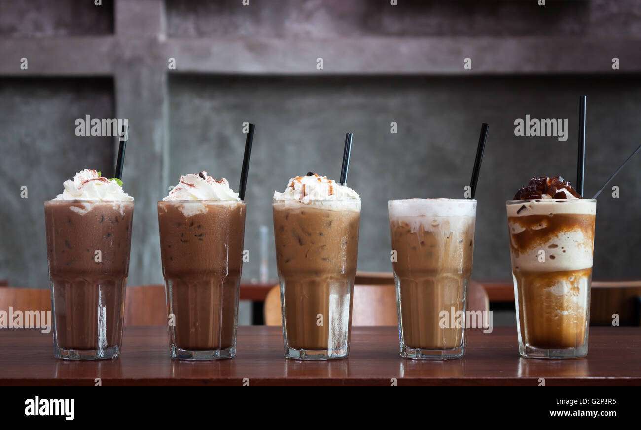 Five different kind of iced coffee in coffee shop Stock Photo - Alamy