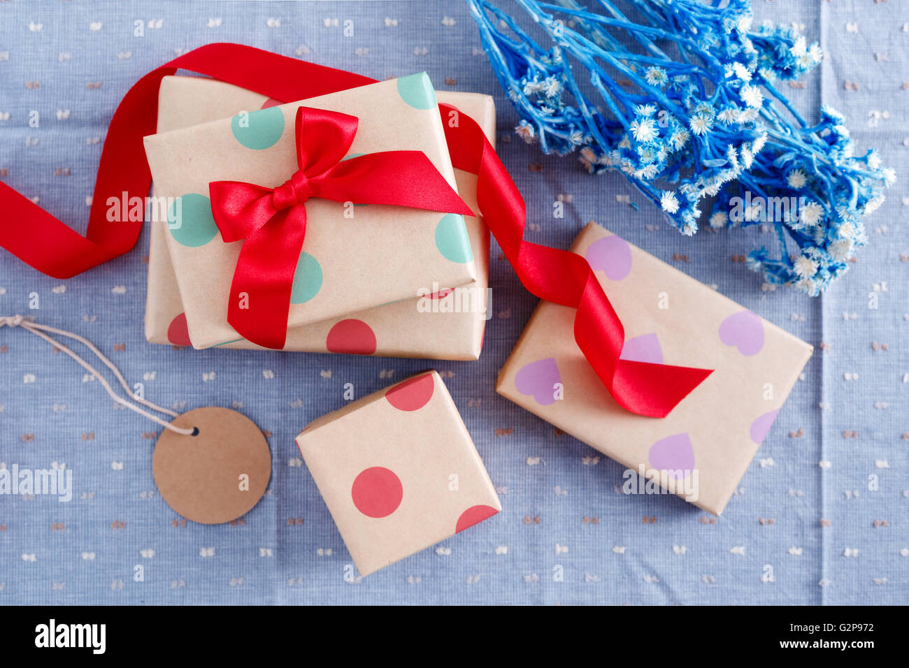 Gift boxes for holiday with flower top view Stock Photo - Alamy