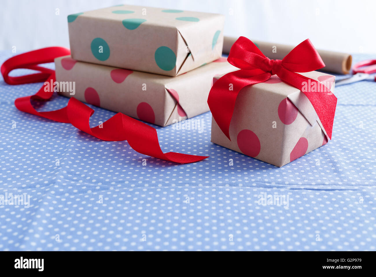 Gift wrapping and packing with boxes and red ribbon with space Stock ...