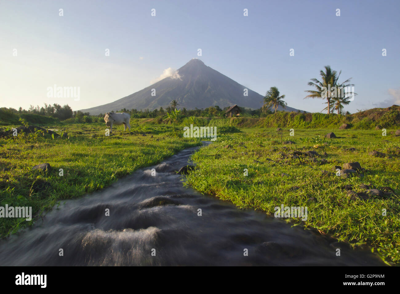 Mount Mayon and a small stream near Cagsawa, evening, Bicol ...