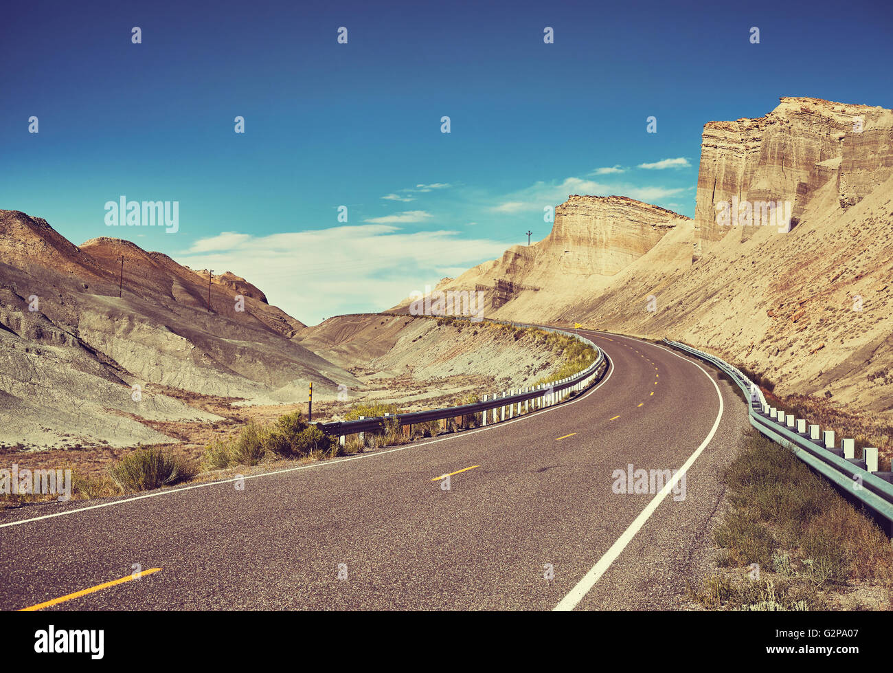 Vintage stylized empty highway in USA, travel background Stock Photo ...