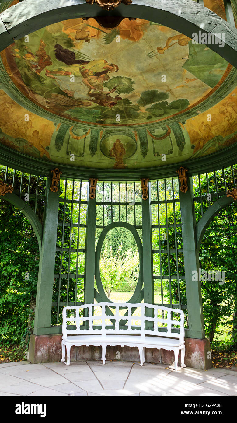 Historical pagoda with a white bench in Rococo Castle garden of ...