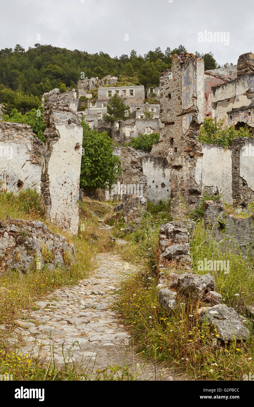 The deserted Turkish "ghost town" village in Kayakoy, Turkey Stock ...