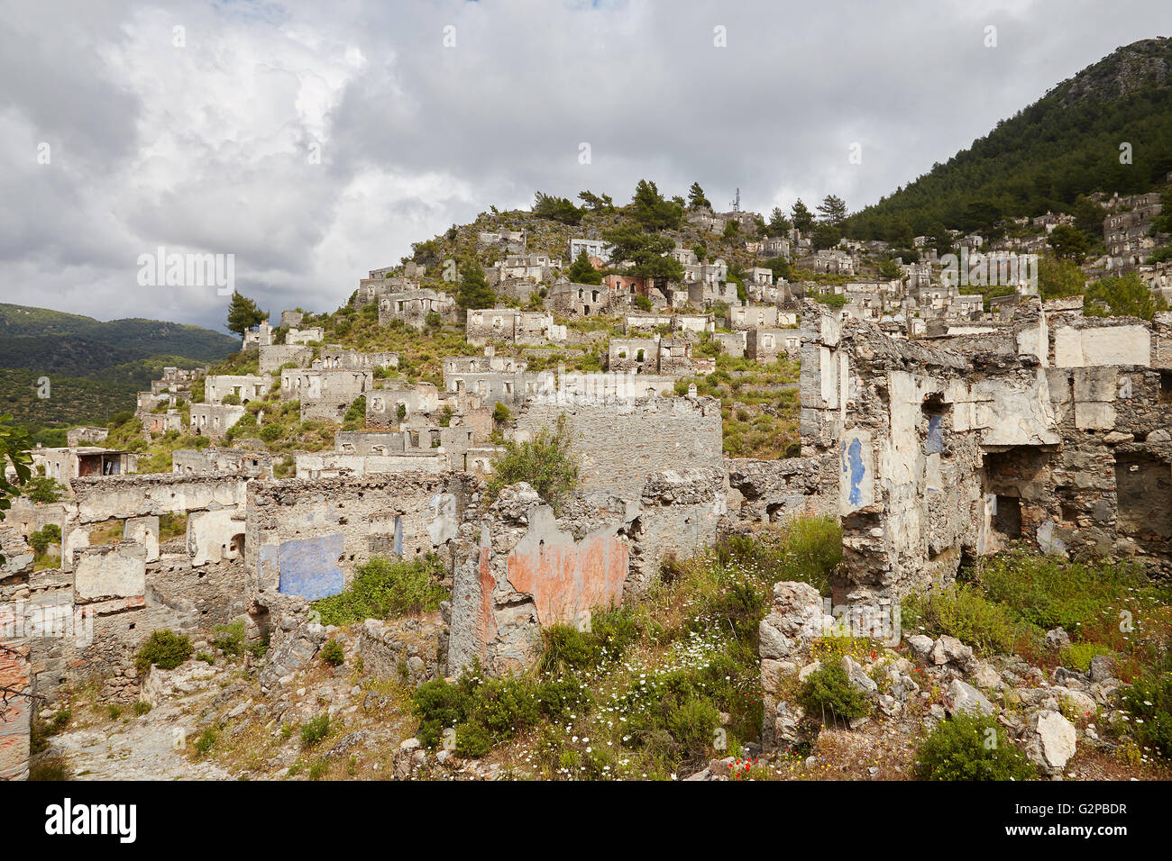 The deserted Turkish "ghost town" village in Kayakoy, Turkey Stock ...