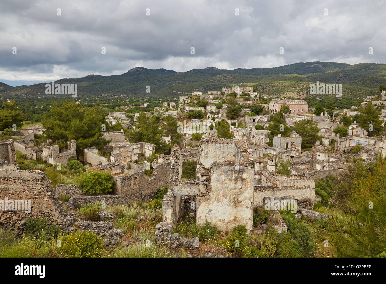 The deserted Turkish "ghost town" village in Kayakoy, Turkey Stock ...
