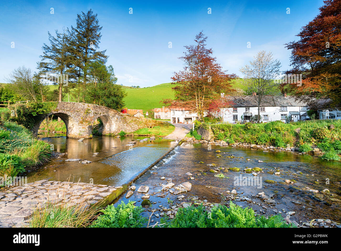 The bridge and ford at the picturesque hamlet of Malmsmead in the Doone ...