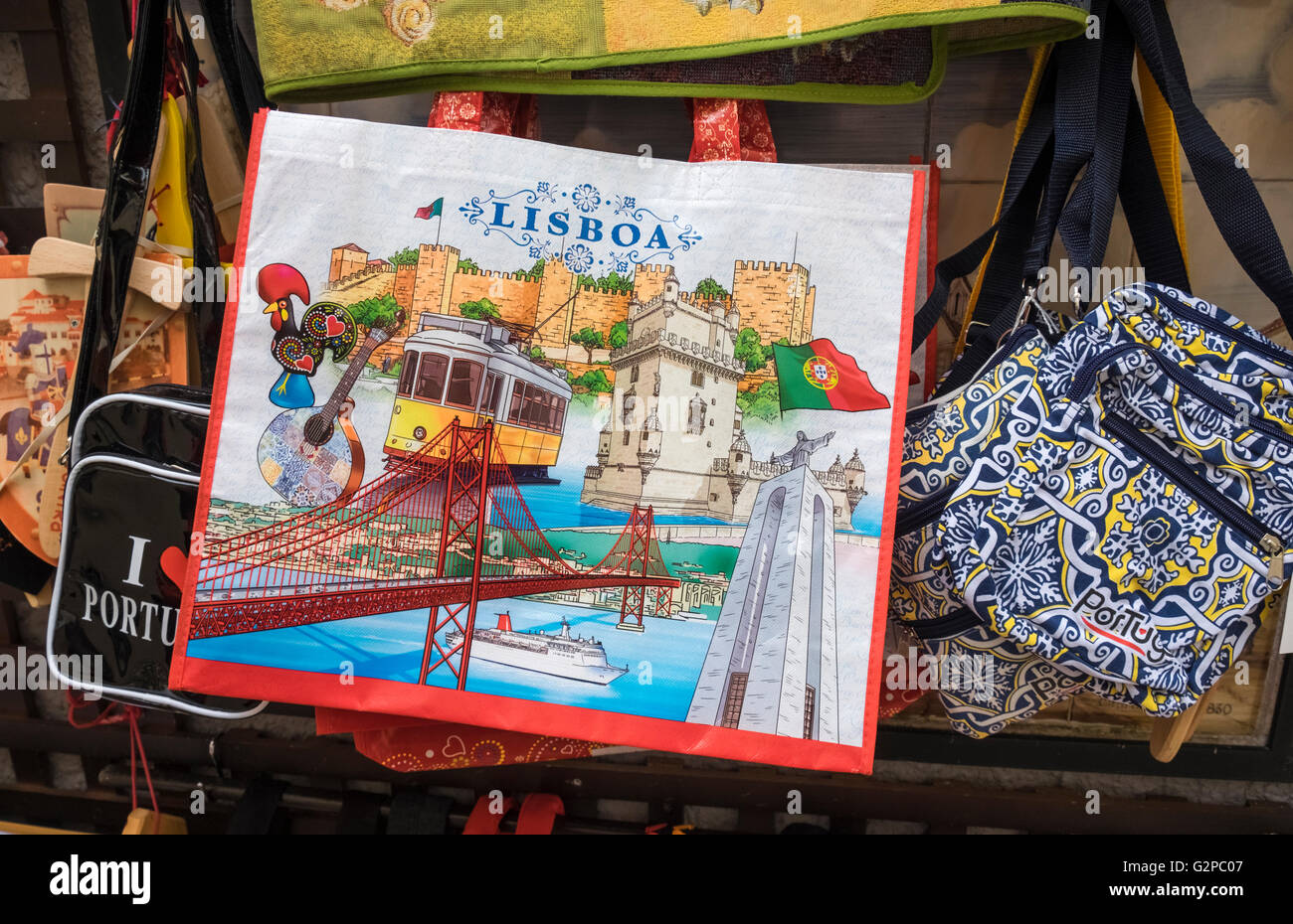 Souvenir tourist bags on display at a tourism shop, Lisbon, Portugal ...