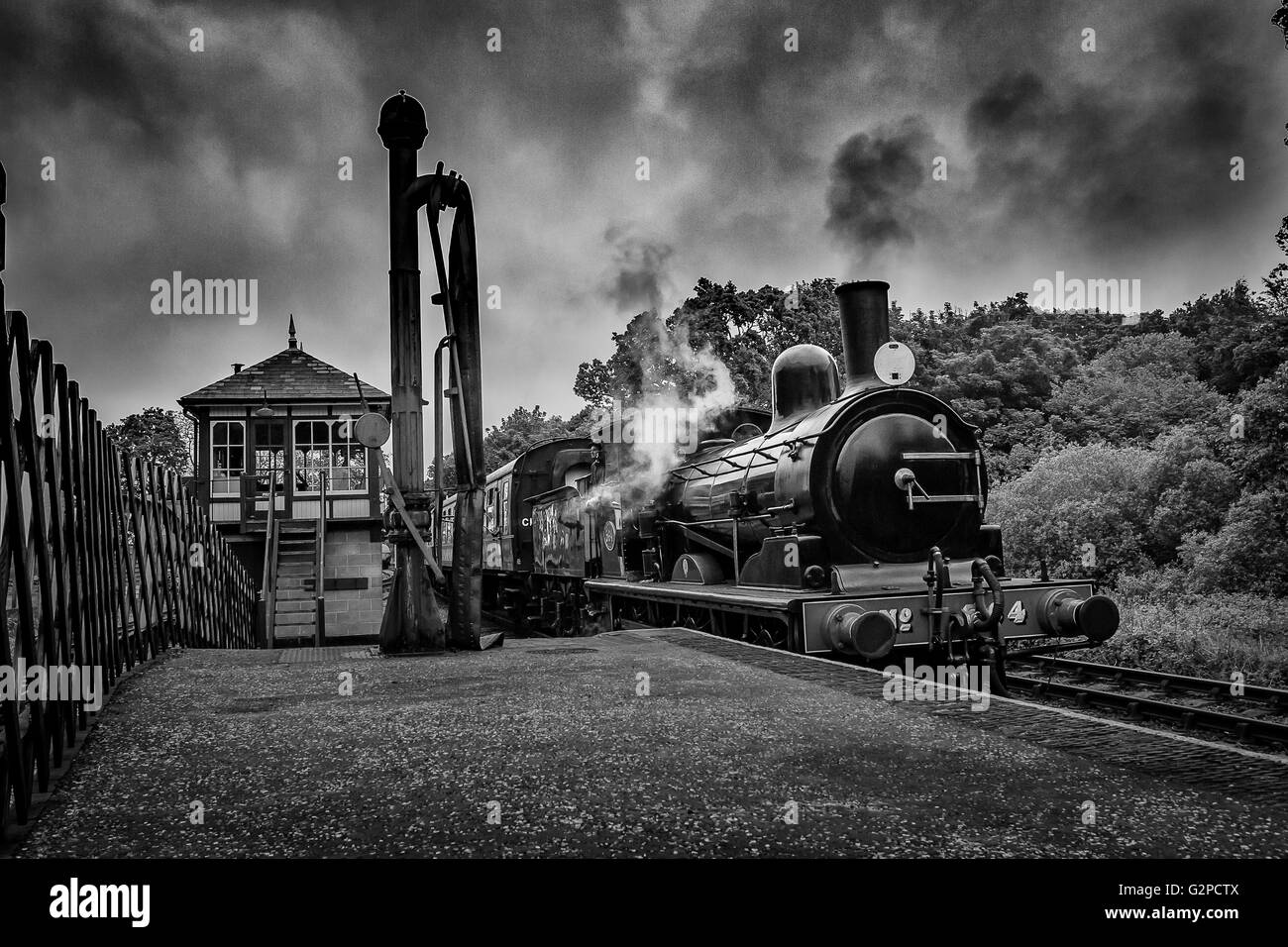 Steam Train steaming along the tracks and coming into the station on ...