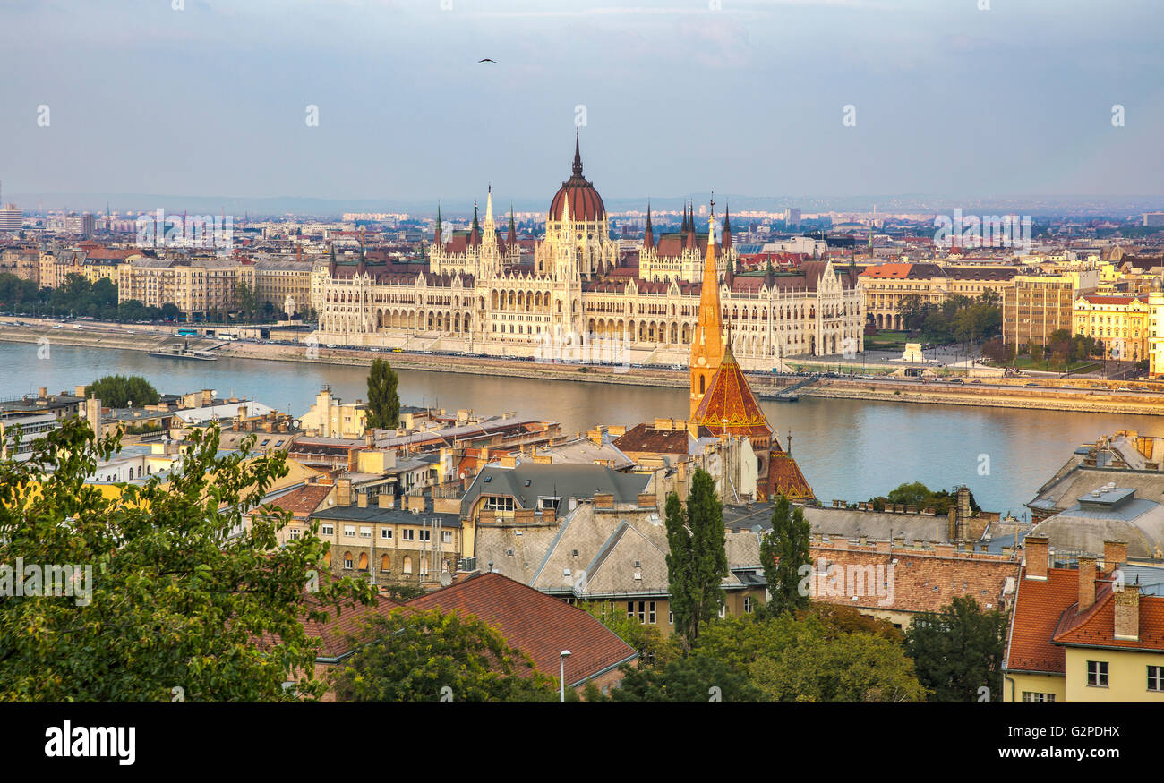 Budapest cityscape with Parliament building at sunset. Capital of ...