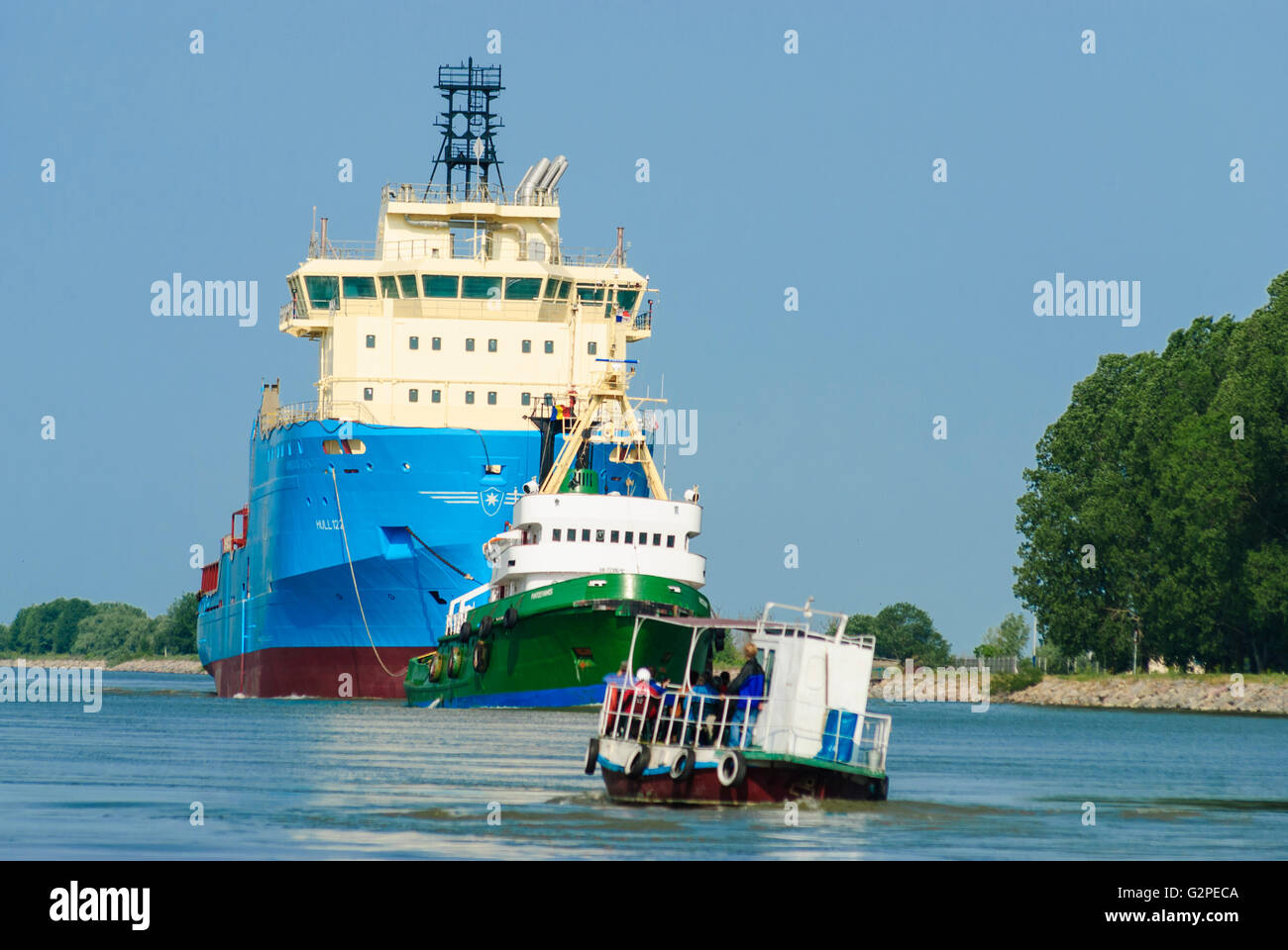 Tourist ship in the Sulina branch of the Danube in the Danube Delta ...