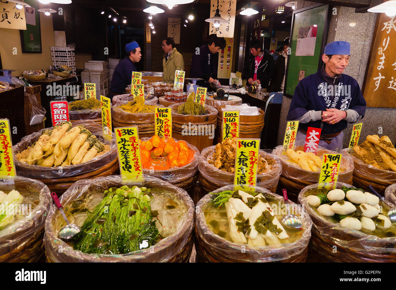 Japan, Kyoto, Nishiki Market on Nisiki koji-dori street, barrels of ...