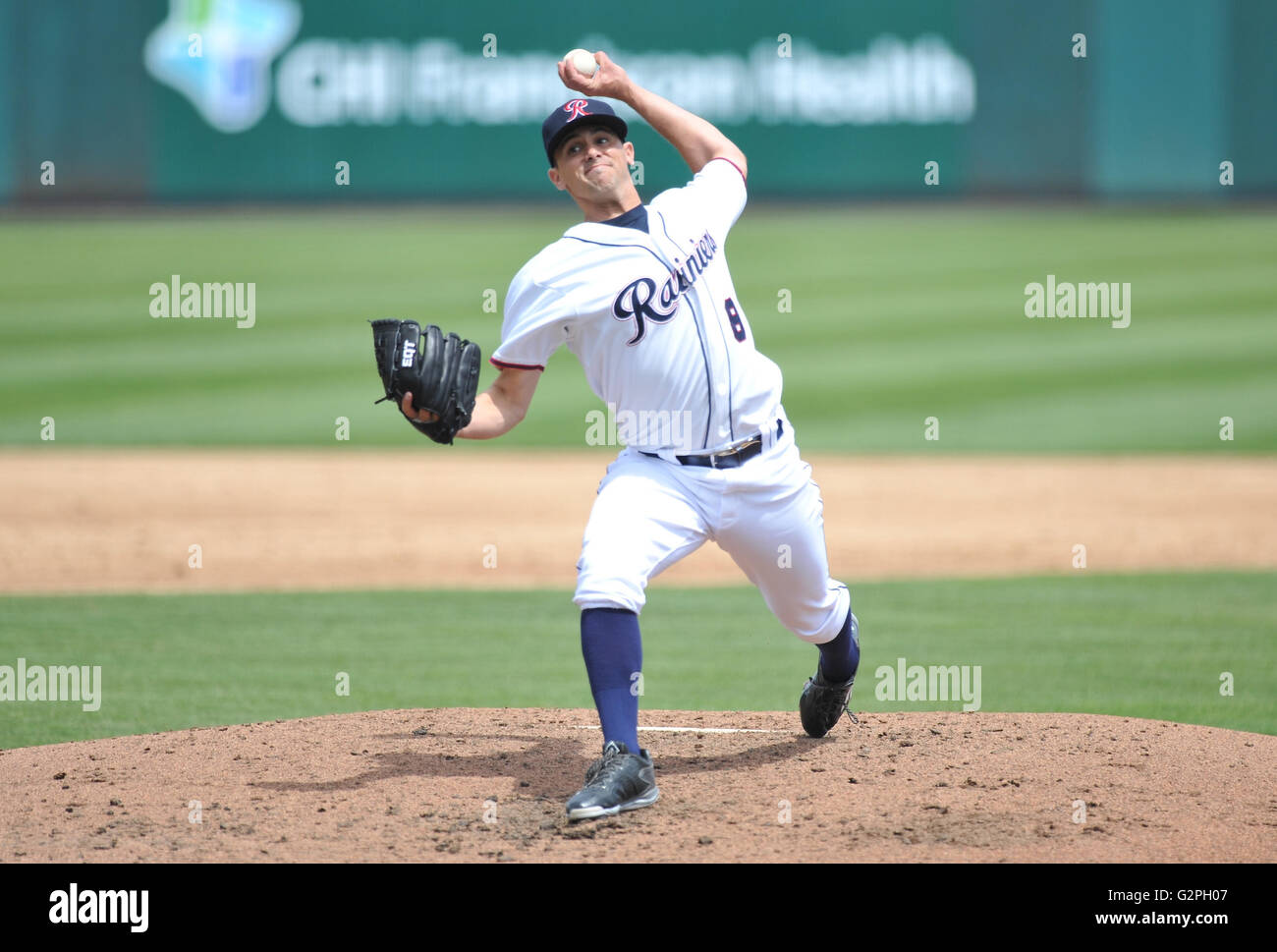 Tacoma Rainers pitcher Brad Mills (8) throws a pitch for a strike in a ...