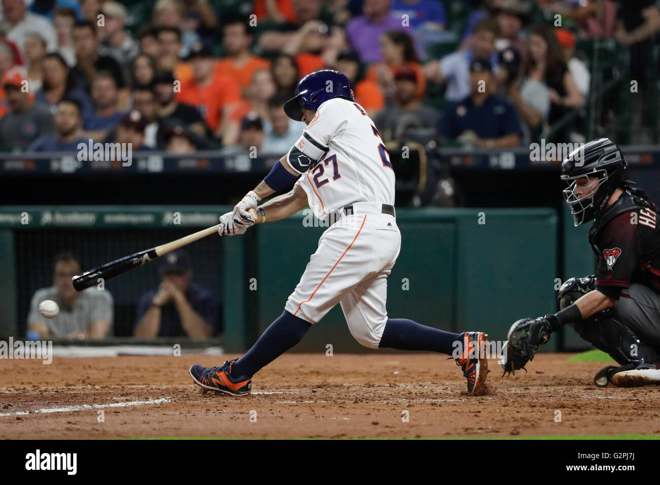Houston, TX, USA. 1st June, 2016. Houston Astros second baseman Jose Altuve (27) doubles during ...