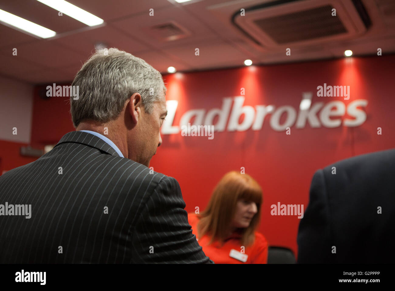 London, England. 2nd June 2016. UKIP leader Nigel Farage places his bet ...