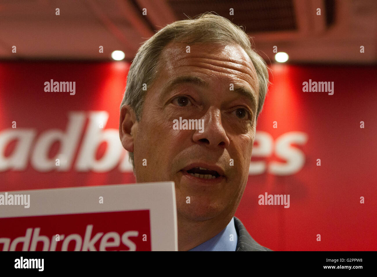 London, England. 2nd June 2016. UKIP leader Nigel Farage places his bet ...