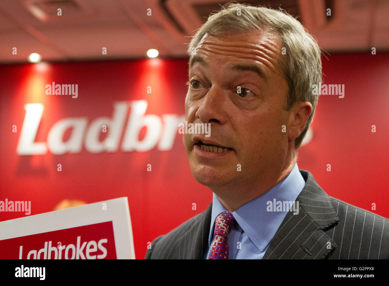 London, England. 2nd June 2016. UKIP leader Nigel Farage places his bet ...
