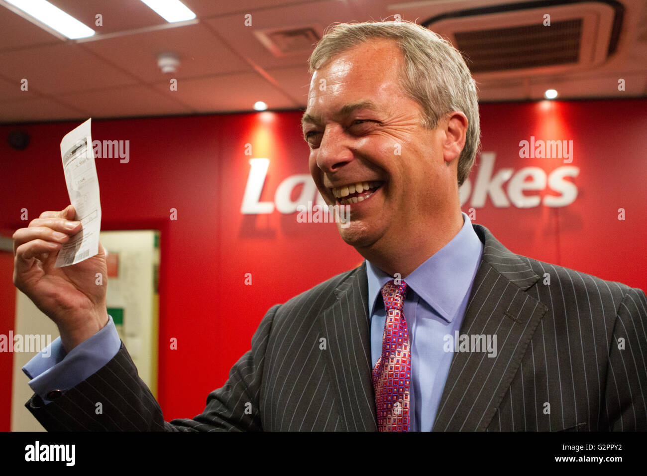 London, England. 2nd June 2016. UKIP leader Nigel Farage places his bet ...