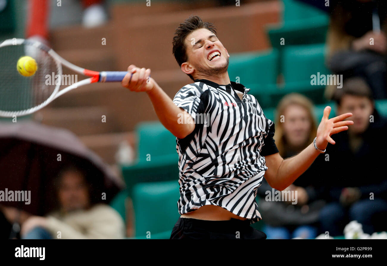 Paris, France. 2nd June, 2016. Dominic Thiem of Austria returns a ball ...