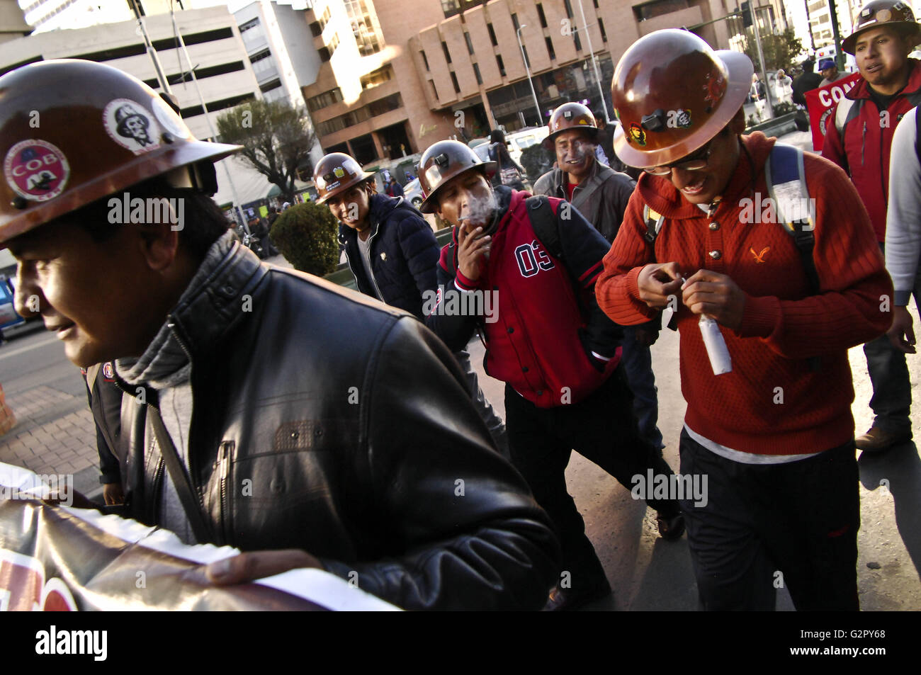 La Paz, Bolivia. 2nd June, 2016. A group of miners prepare dynamite to ...