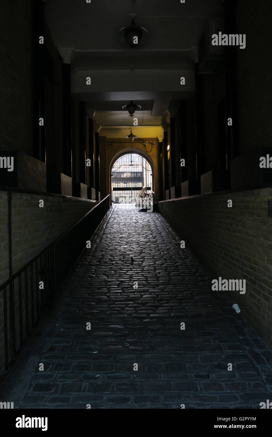 dark cobble stone alleyway / loading ramp with archway / gate Stock ...