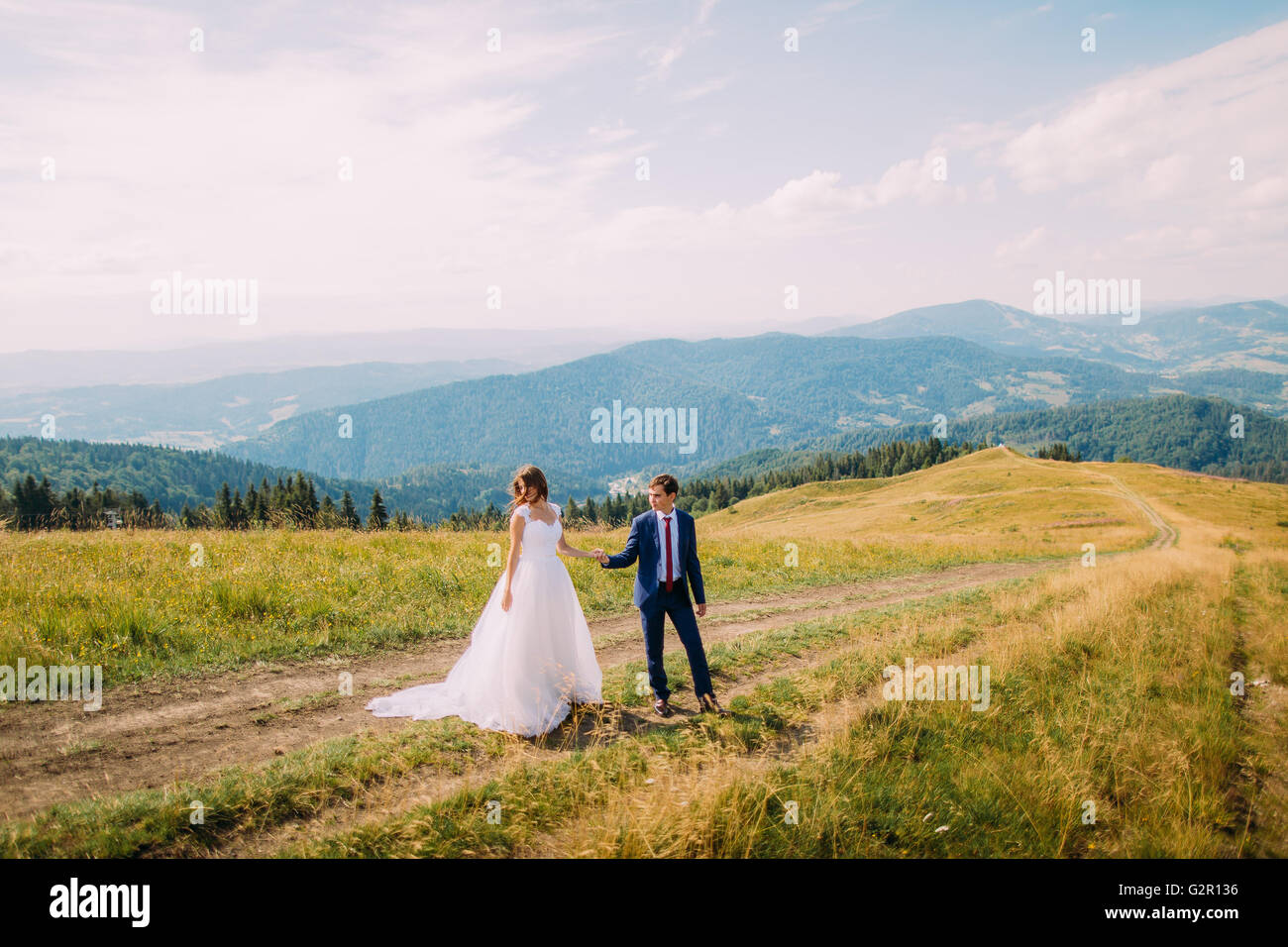 Romantic couple walking on path across yellow sunny field with forest ...