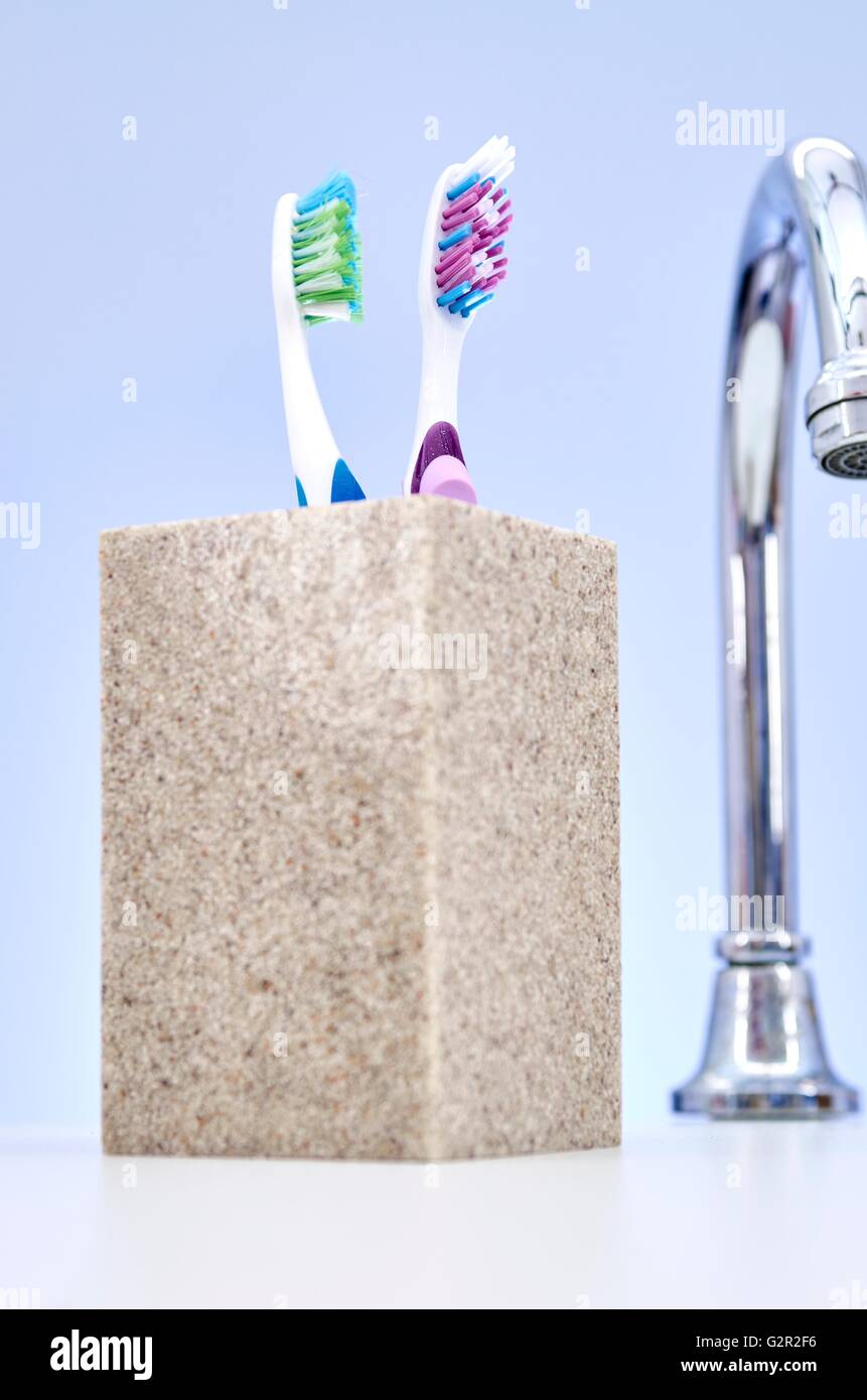 A studio photo of a bathroom vanity background with toothbrushes Stock ...