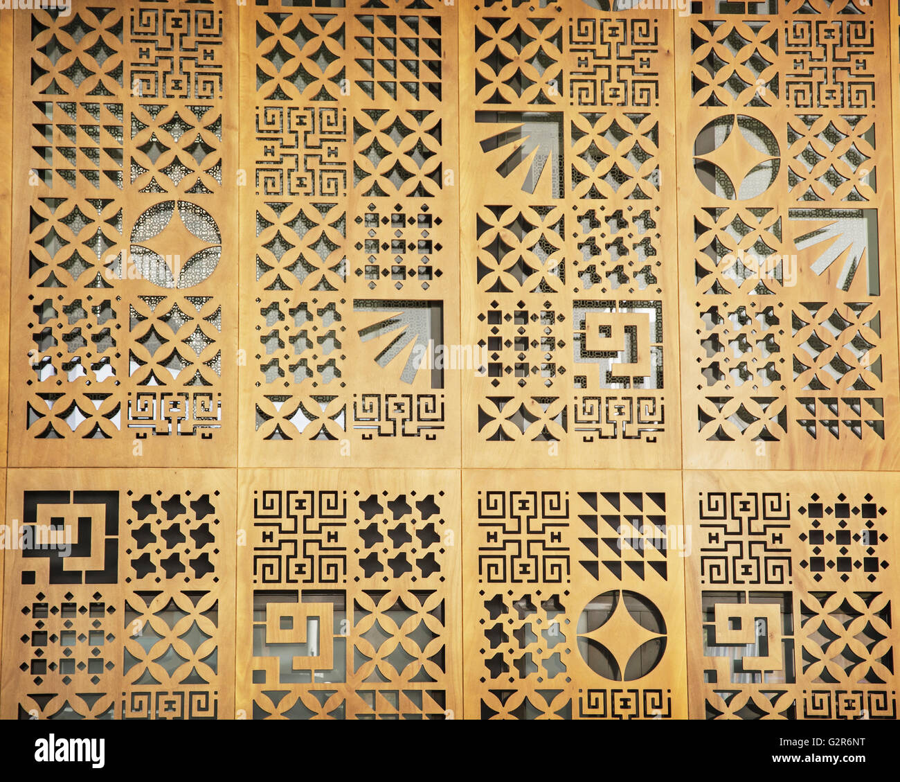 Wooden decorative wall on the exhibition. Artistic object ...