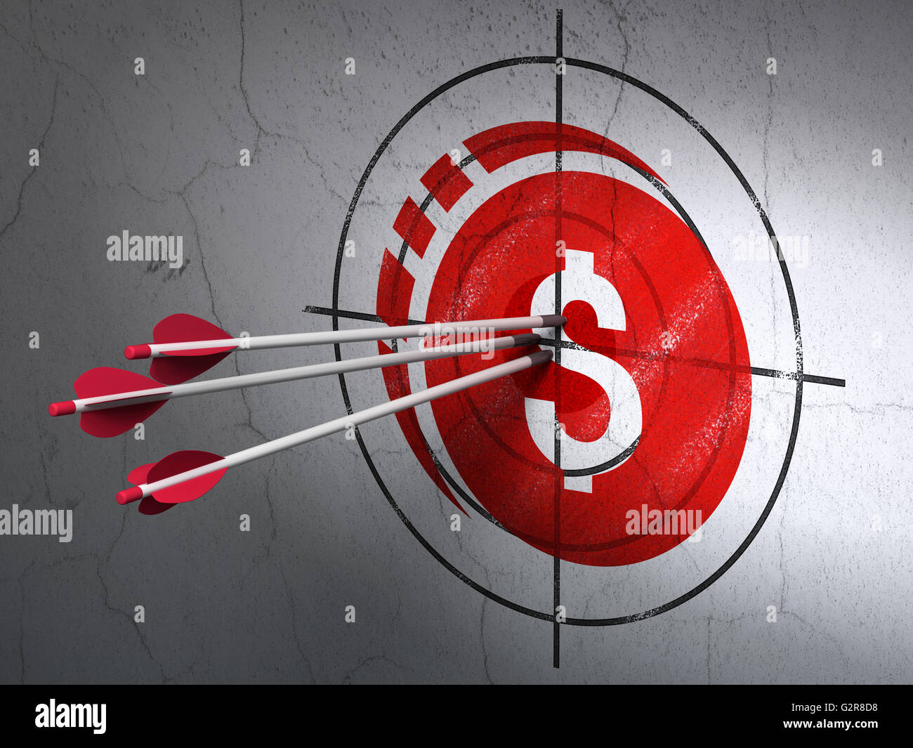 Banking concept: arrows in Dollar Coin target on wall background Stock ...