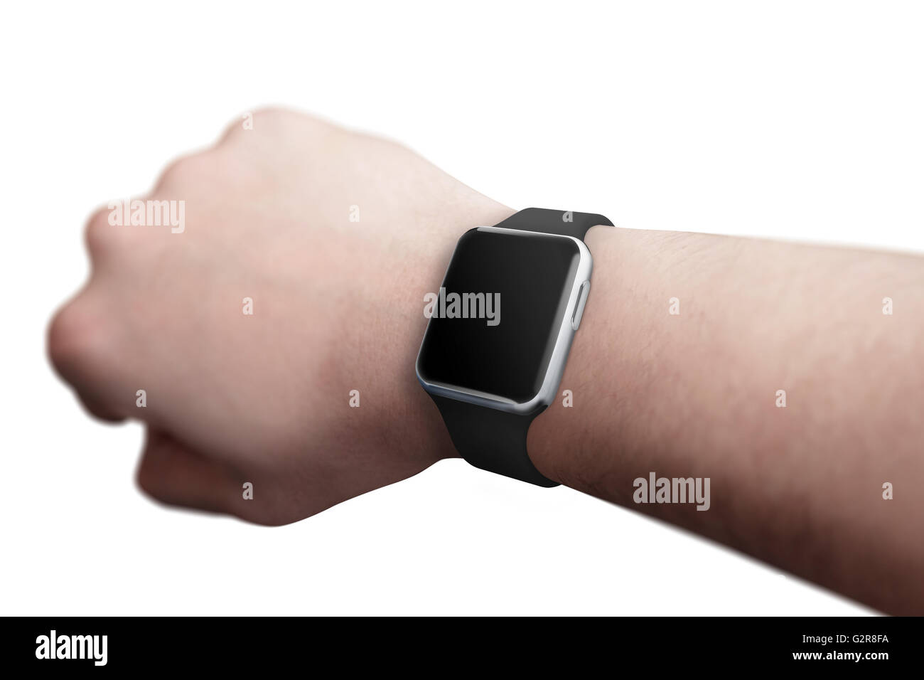Smart watch on hand with blank screen for mockup. Isolated white scene ...