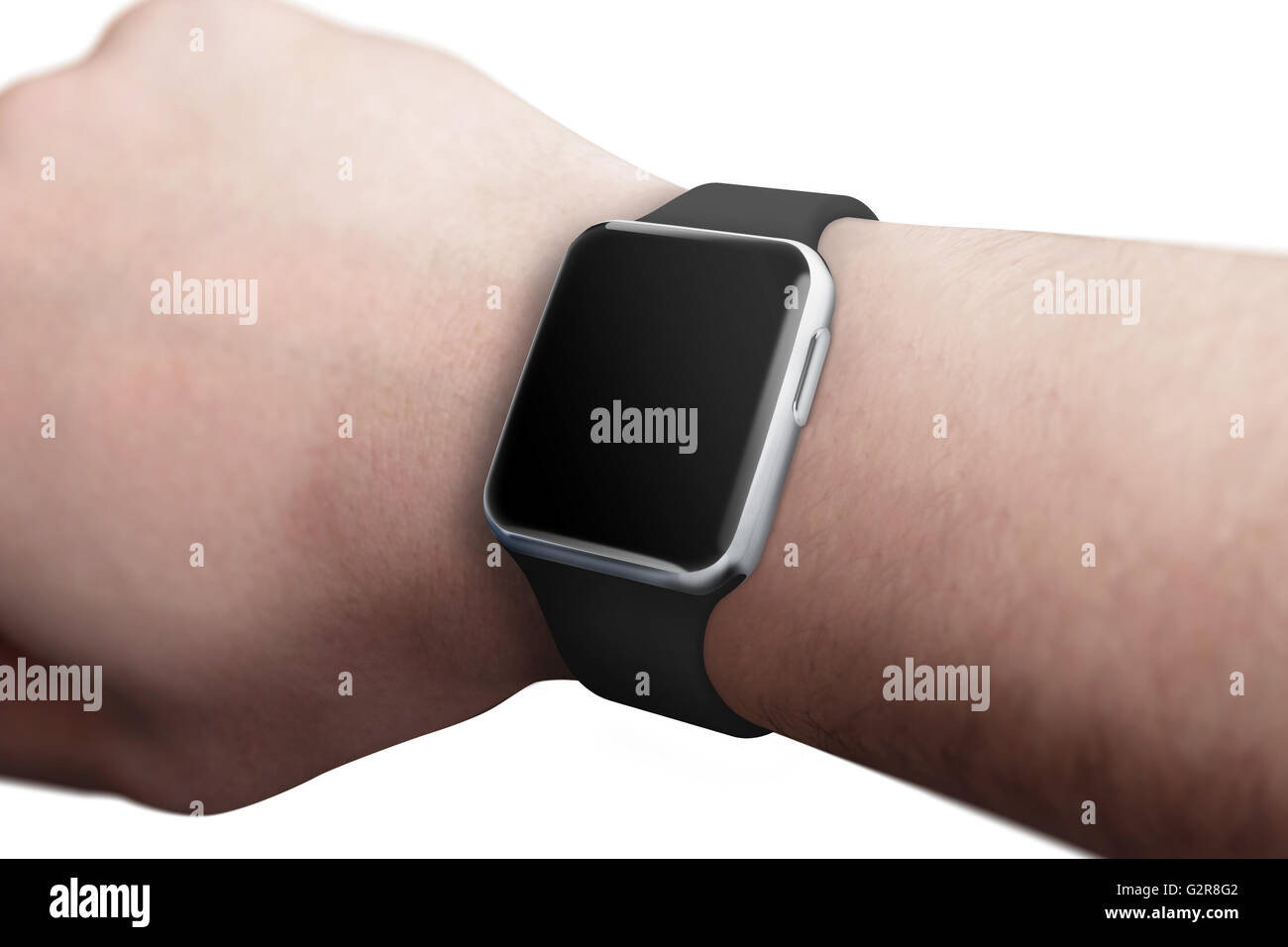 Smart watch on hand with blank screen for mockup. Isolated white scene ...