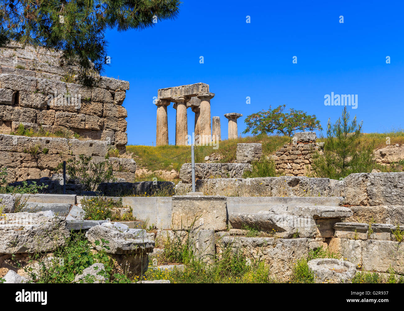Apollo temple ruins in Ancient Corinth, Peloponnes Stock Photo - Alamy