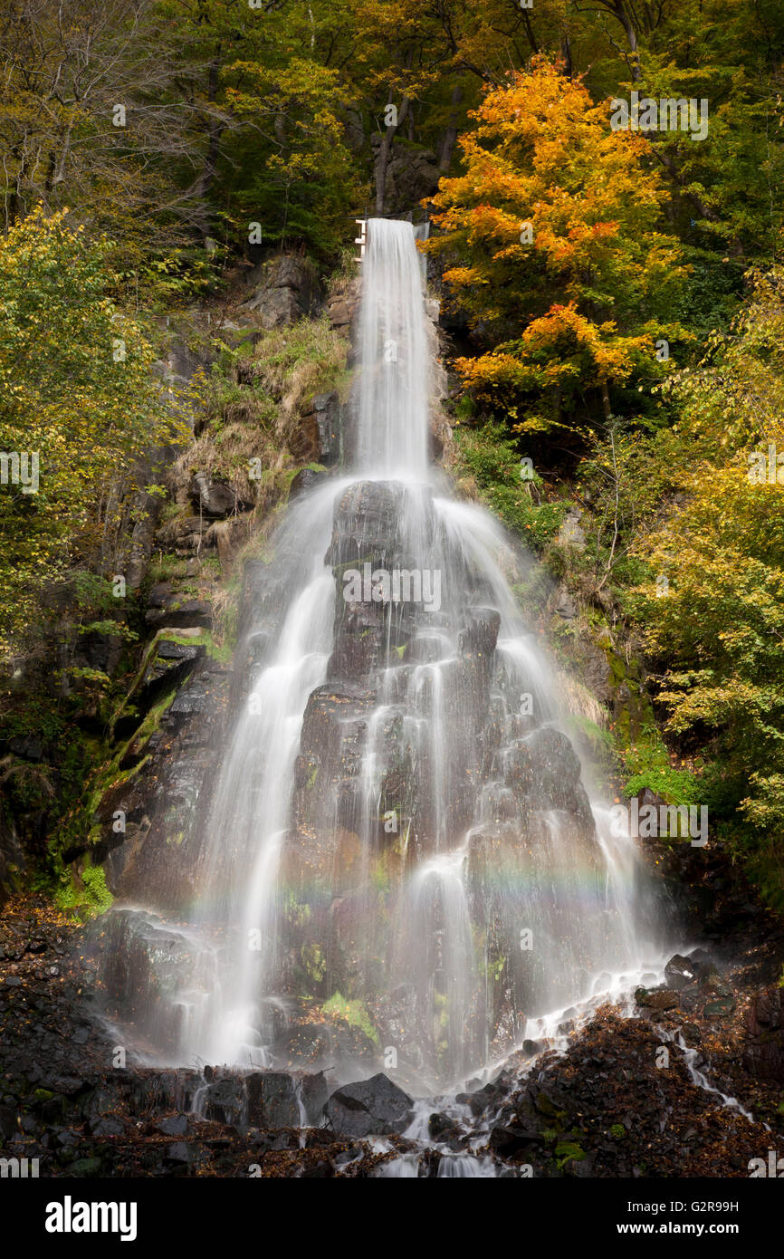 Waterfall in an autumnal landscape in Trusetal, Trusetal, Brotterode ...
