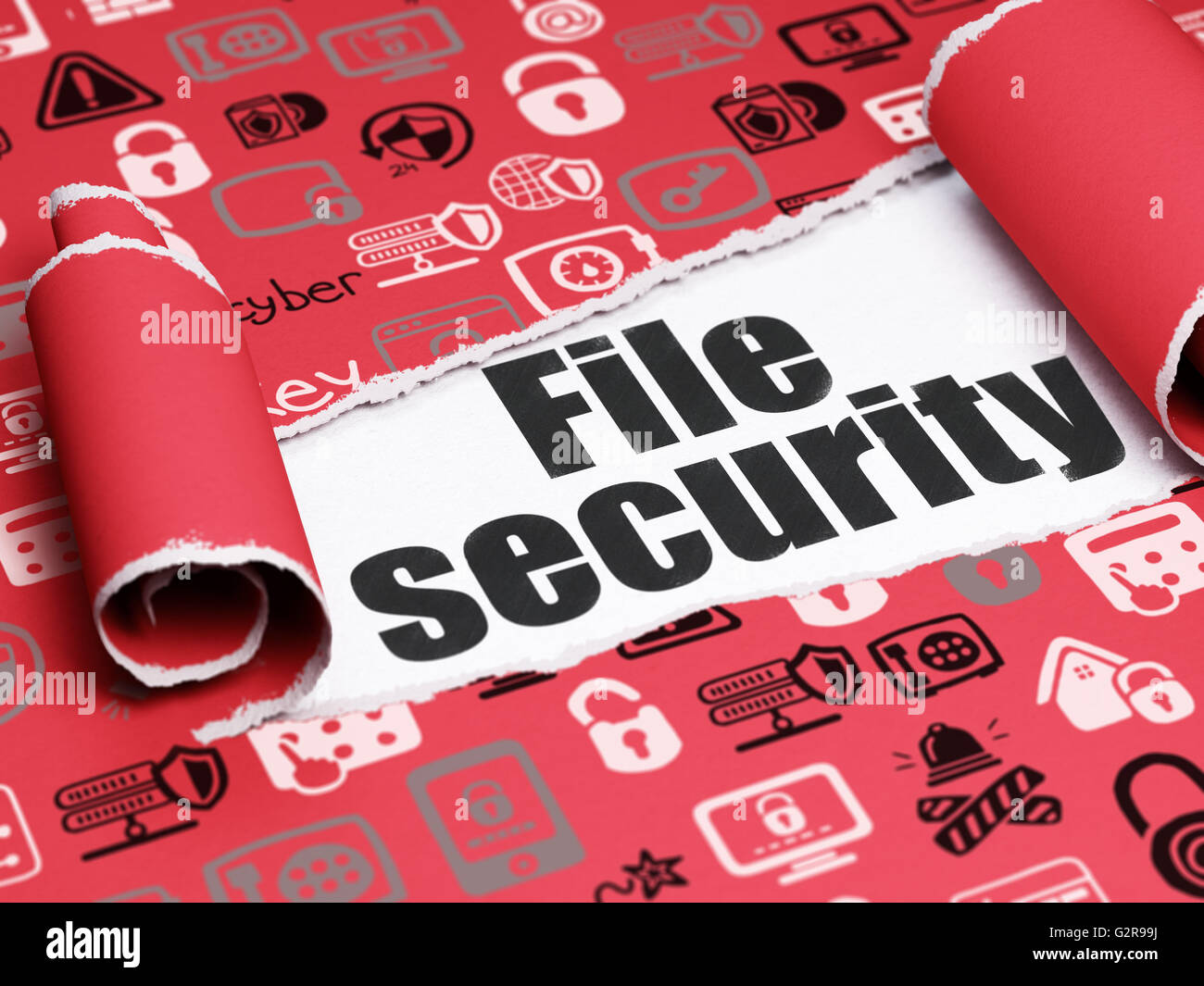 Privacy concept: black text File Security under the piece of torn paper ...
