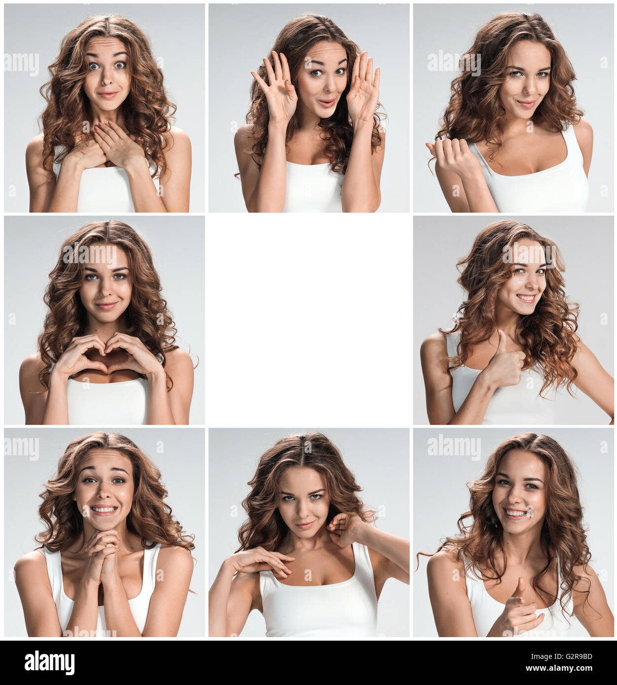 Set of young woman's portraits with different happy emotions Stock ...