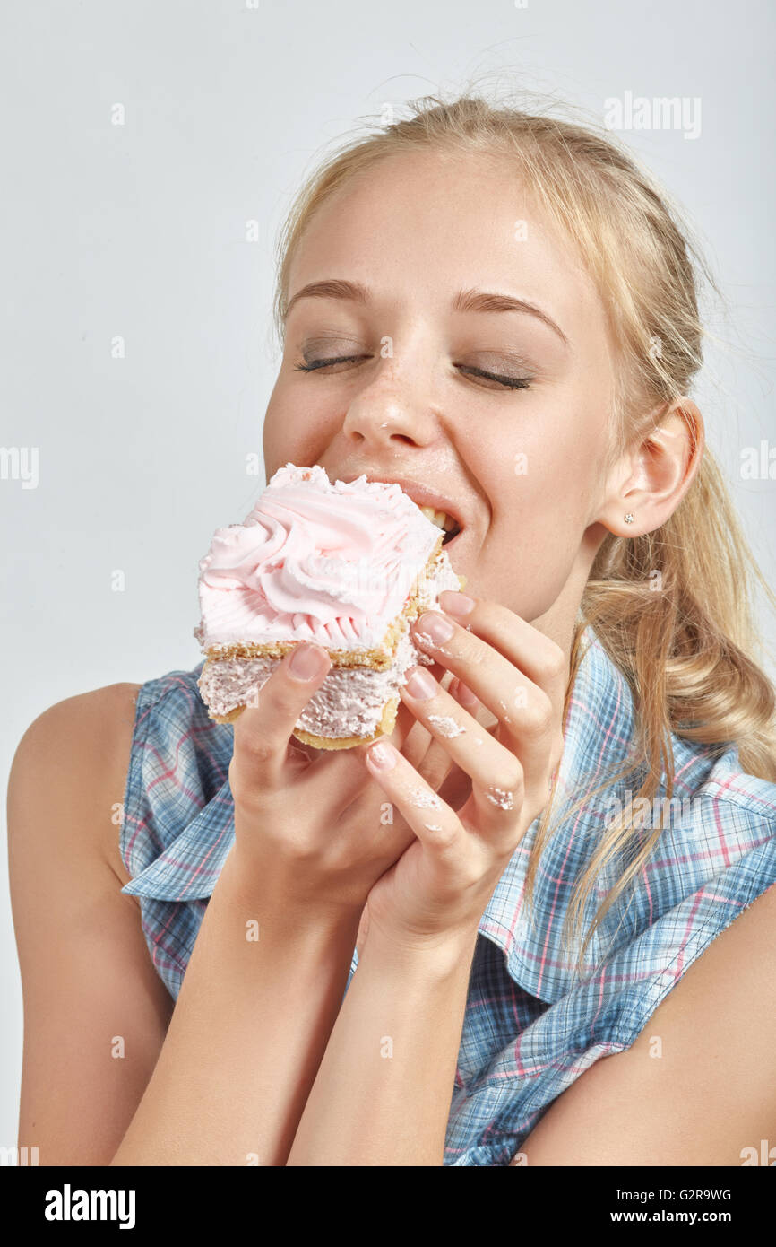 happy pretty girl with sweet dessert Stock Photo - Alamy