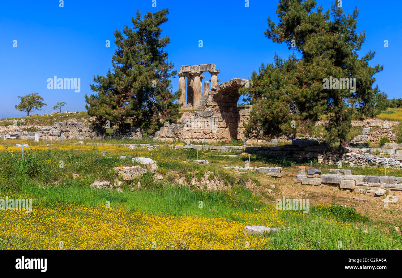 Apollo temple ruins in Ancient Corinth, Peloponnes Stock Photo - Alamy