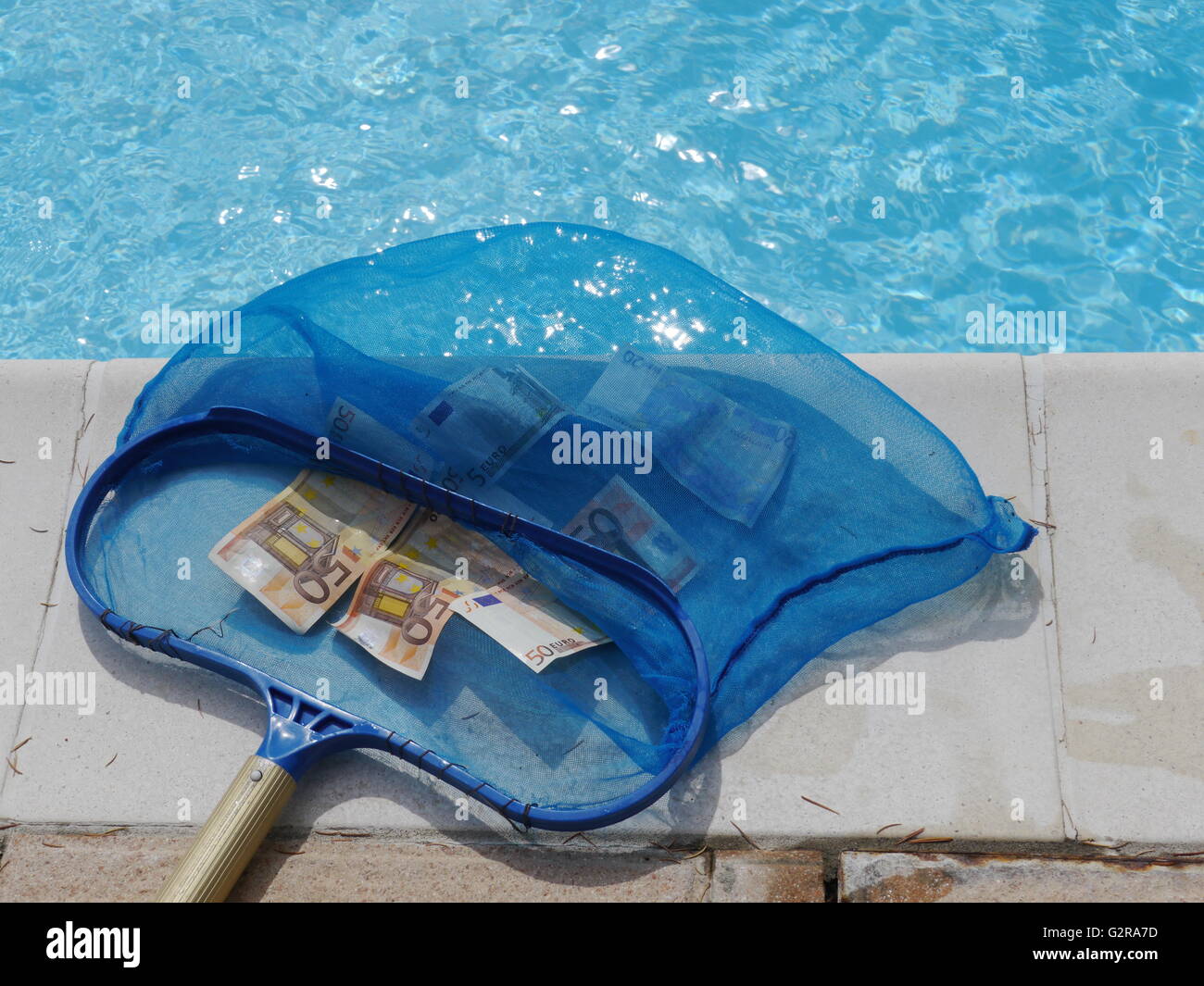 Dip net full of Euro banknotes at a swimming pool, symbolic image for ...