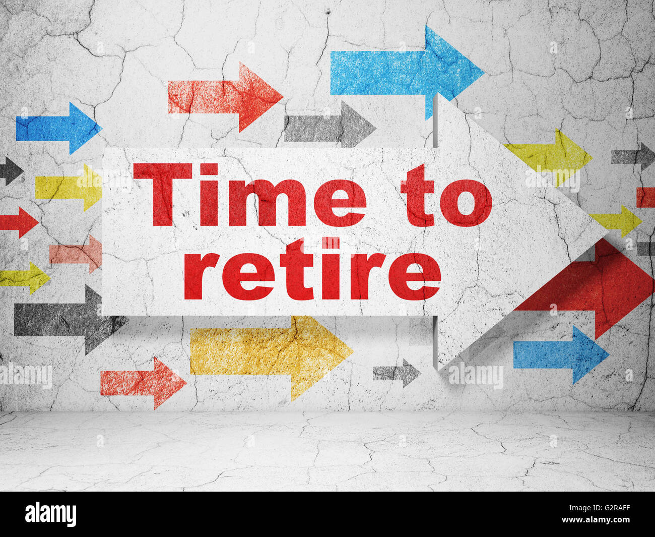 Timeline concept: arrow with Time To Retire on grunge wall background ...